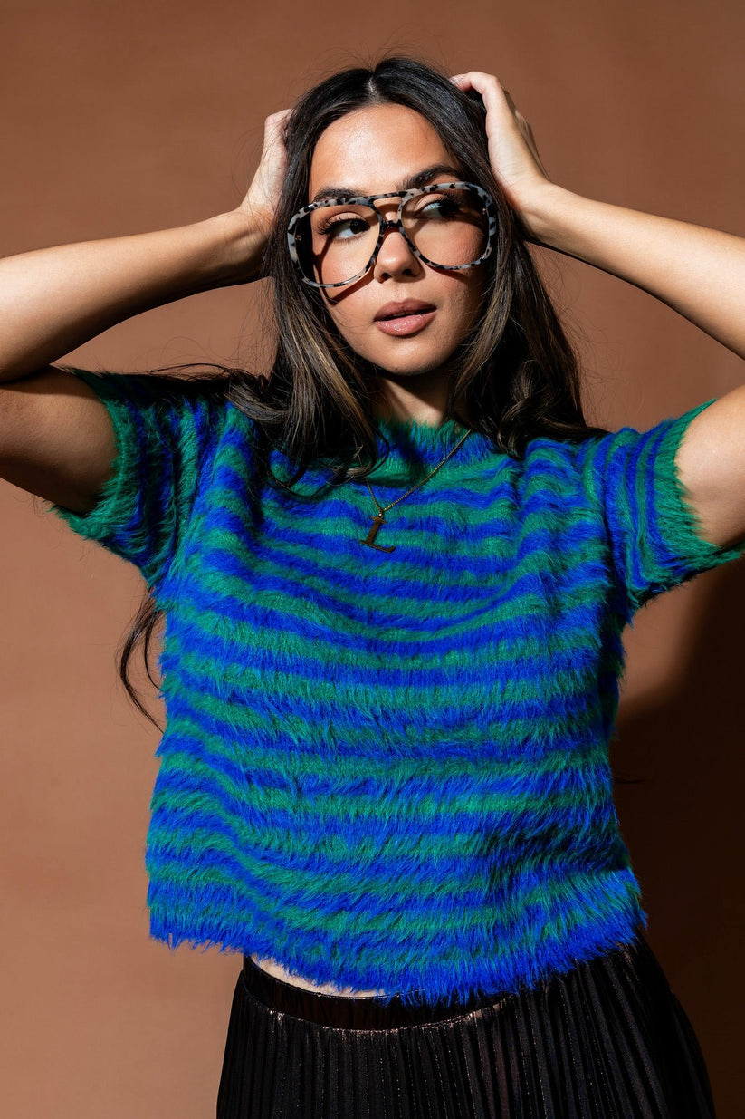 Fuzzy Knit Top in Blue + Green | Stretchy & Soft - Dressed in Lala Original