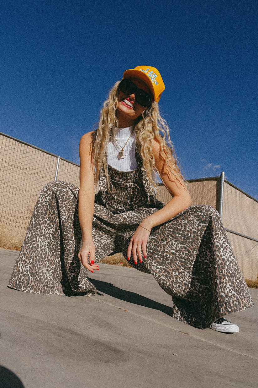 Oversized Denim Overalls in Vintage Leopard - Dressed in Lala Original