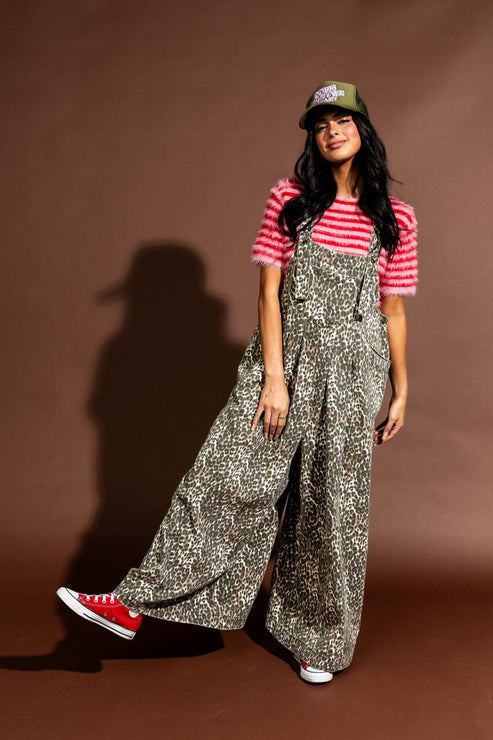 Oversized Denim Overalls in Vintage Leopard - Dressed in Lala Original