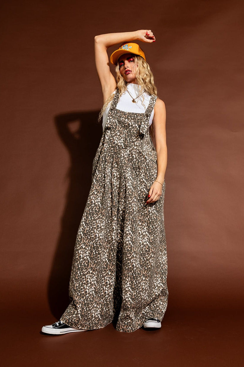 Oversized Denim Overalls in Vintage Leopard - Dressed in Lala Original