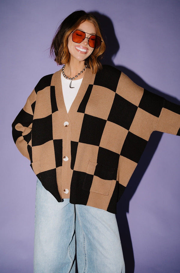 Oversized Checkerboard Cardigan - Stylish Knitwear - Dressed in Lala