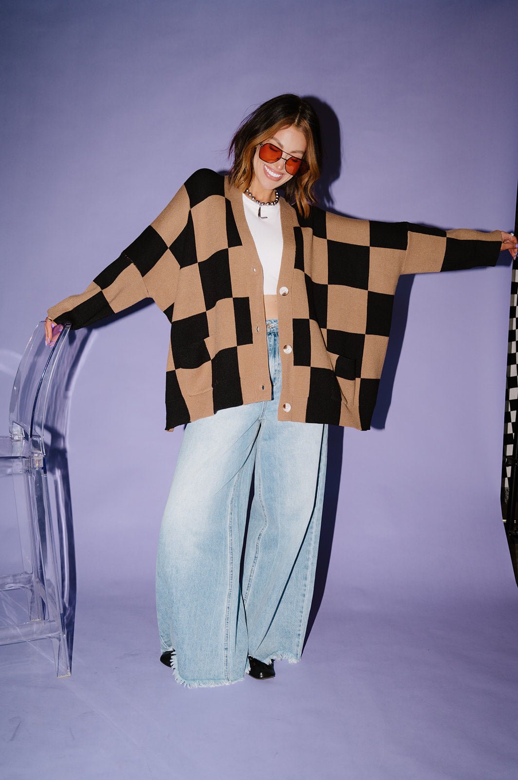 Oversized Checkerboard Cardigan - Stylish Knitwear - Dressed in Lala