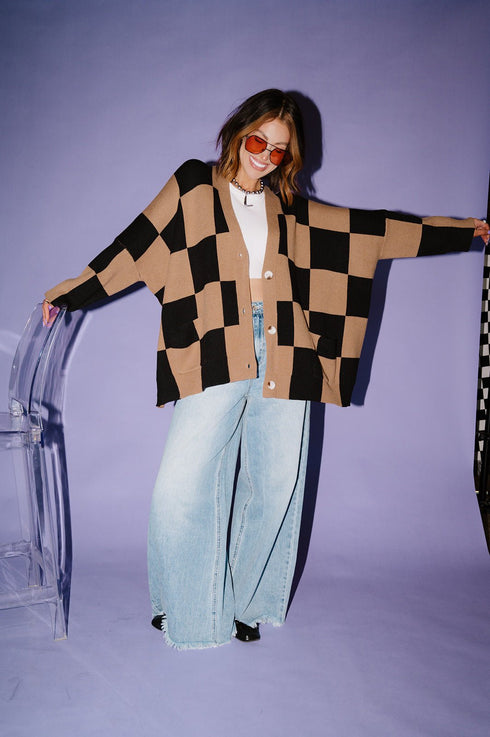 Oversized Checkerboard Cardigan - Stylish Knitwear - Dressed in Lala