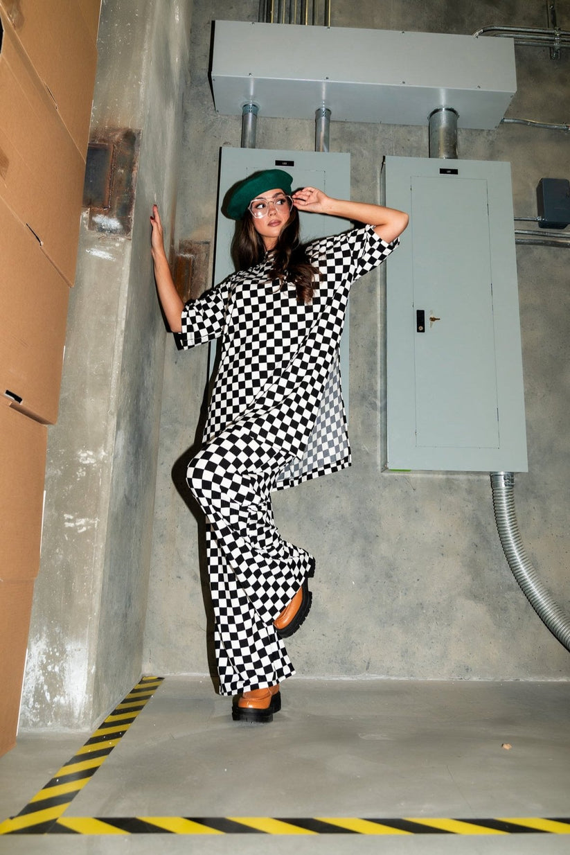 Leveled Up Ribbed Playsuit in Black + White Checkerboard – Dressed in Lala