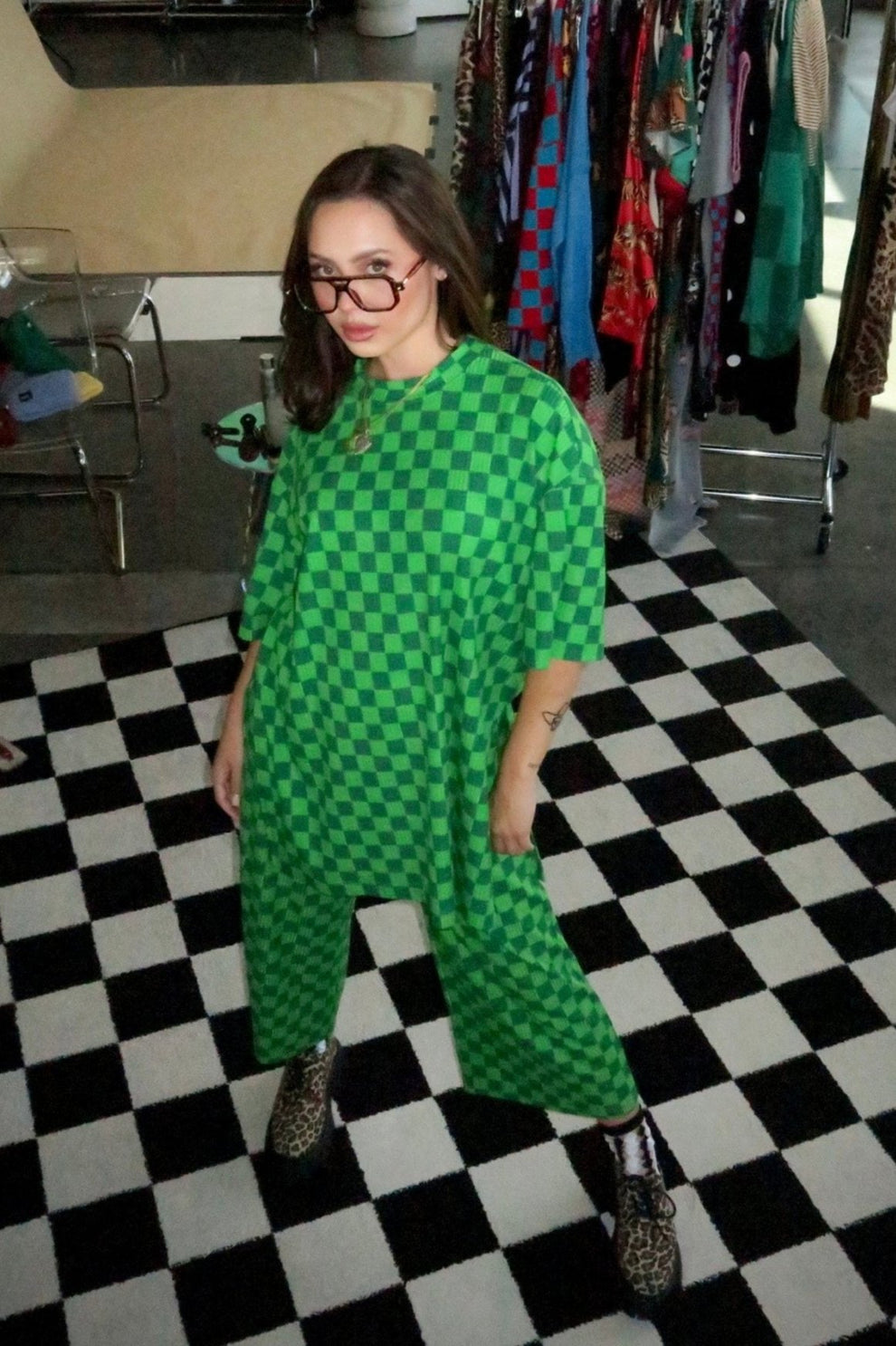 Lex Ribbed Checkerboard Playsuit in Lucky Green – Dressed in Lala