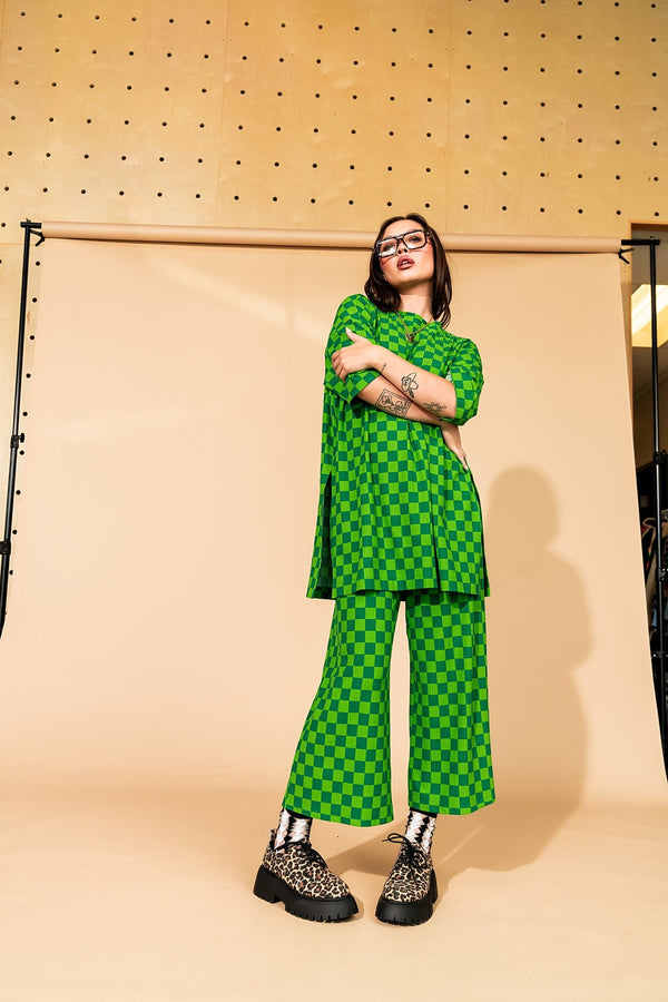 Lex Ribbed Checkerboard Playsuit in Lucky Green – Dressed in Lala