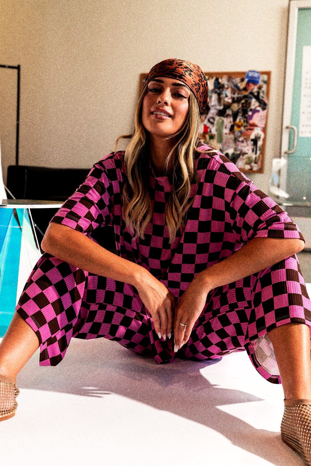 Lex Ribbed Checkerboard Playsuit in Sunset Boulevard – Dressed in Lala