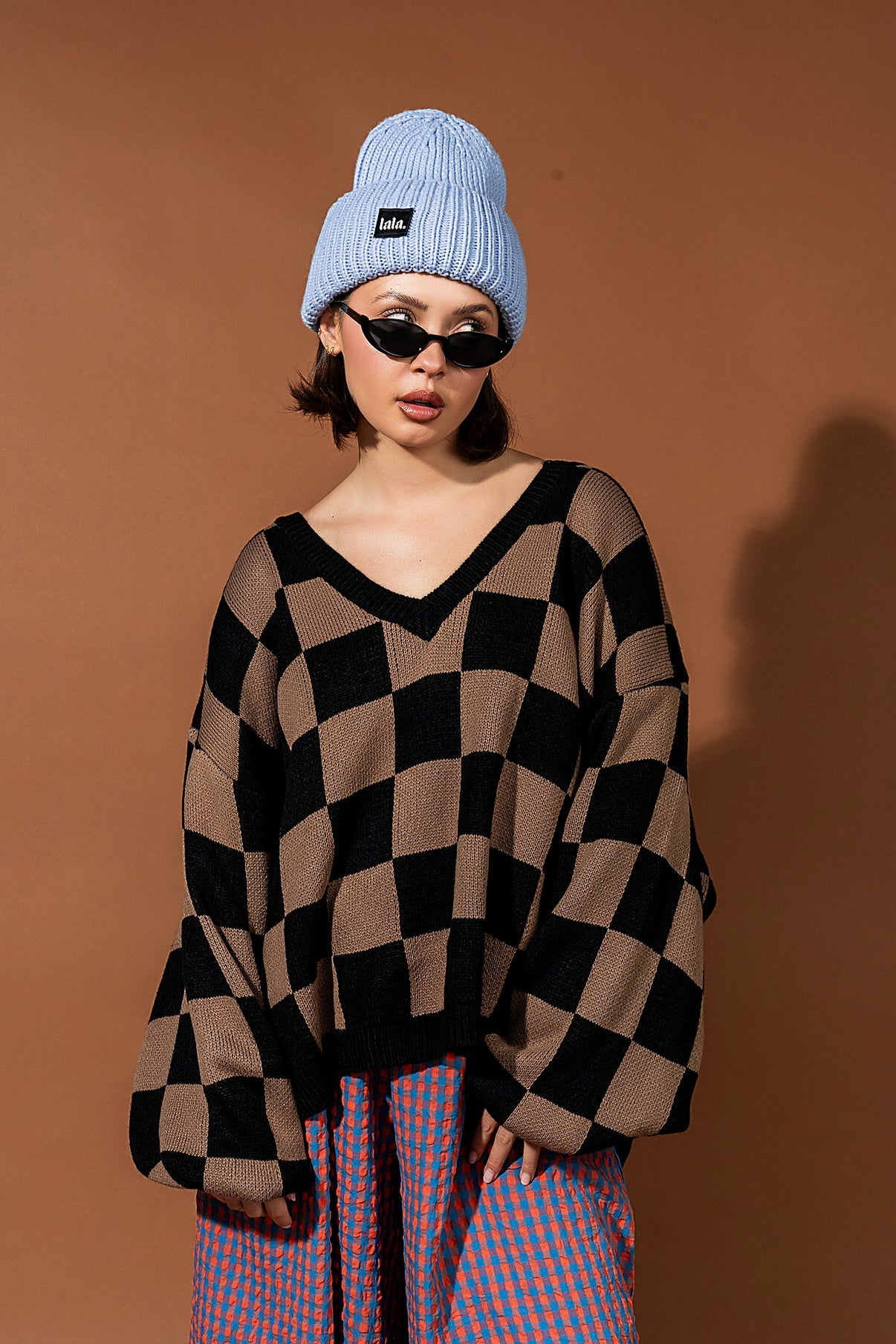 So Money Oversized Checkerboard Knit in Black + Mocha – Dressed in Lala