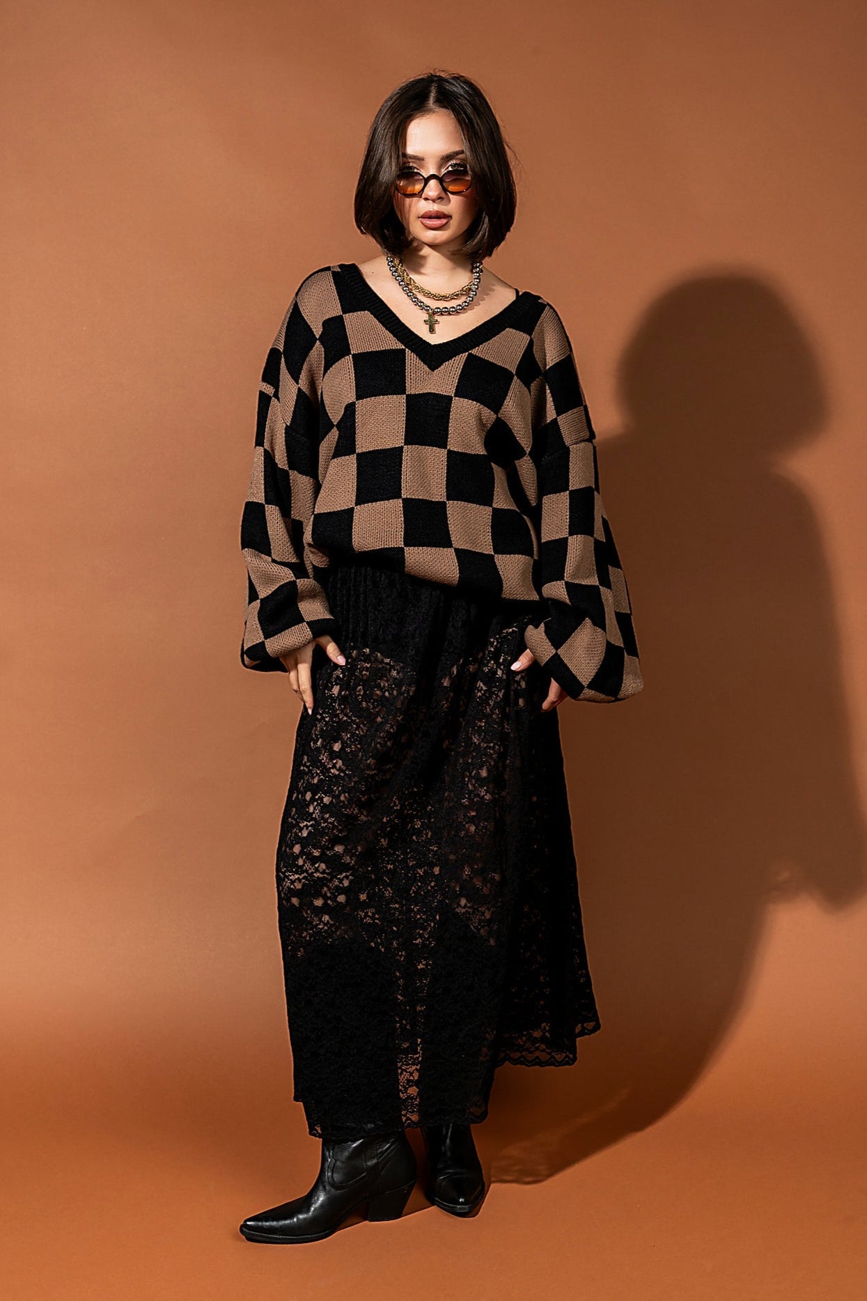 So Money Oversized Checkerboard Knit in Black + Mocha – Dressed in Lala
