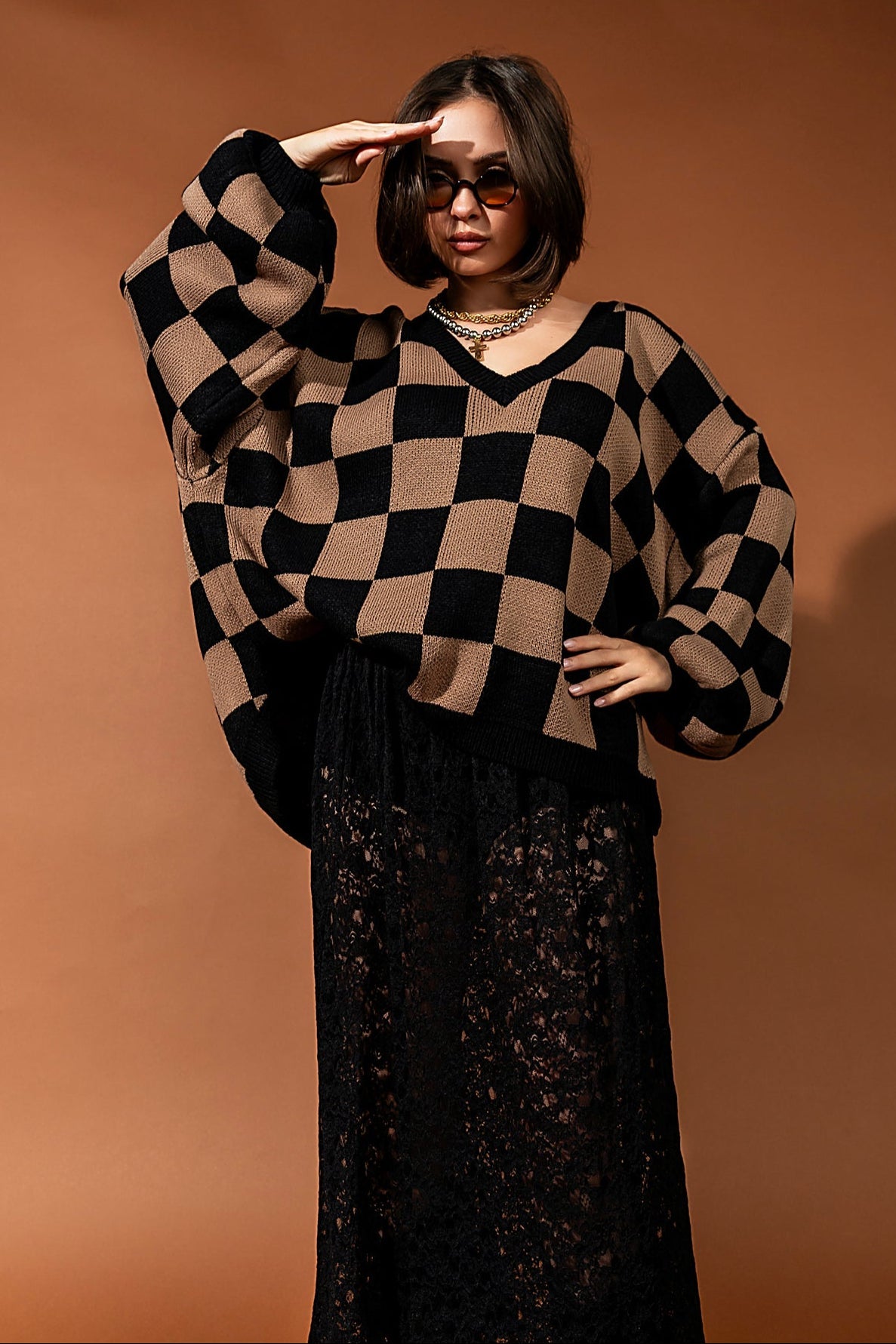So Money Oversized Checkerboard Knit in Black + Mocha – Dressed in Lala