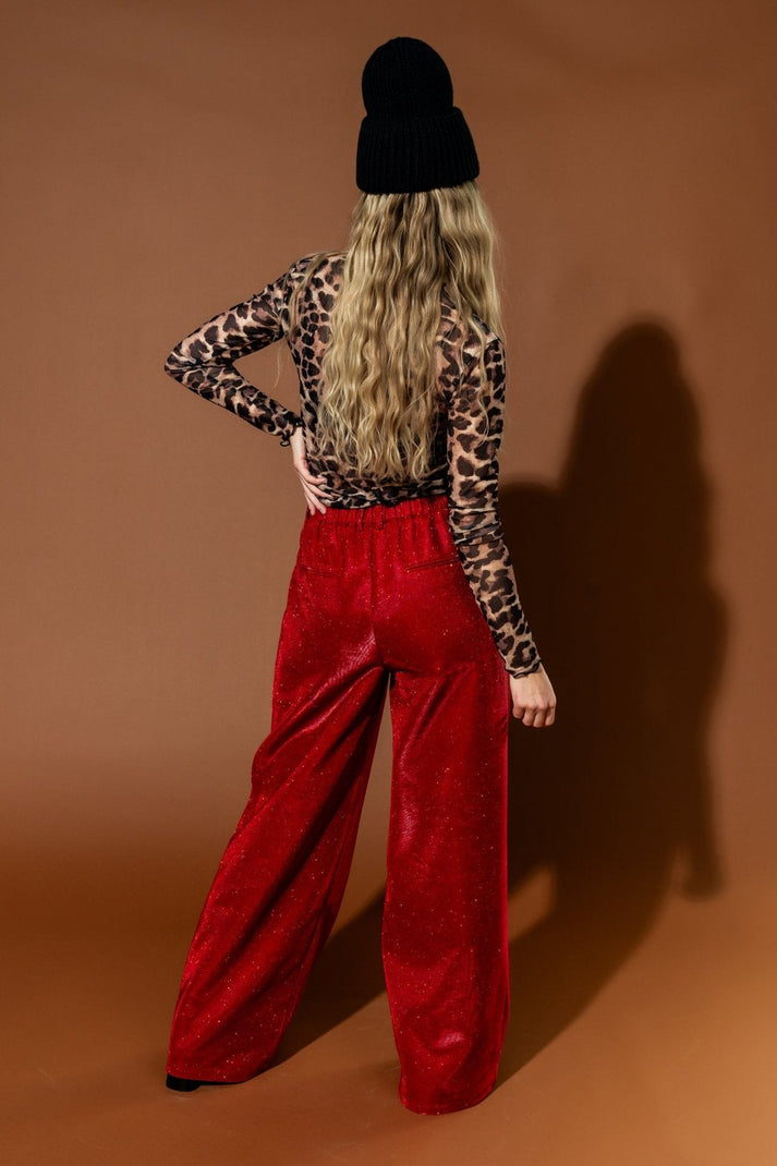 To The Disco Sparkle Wide Leg Trousers in Ruby Red – Dressed in Lala