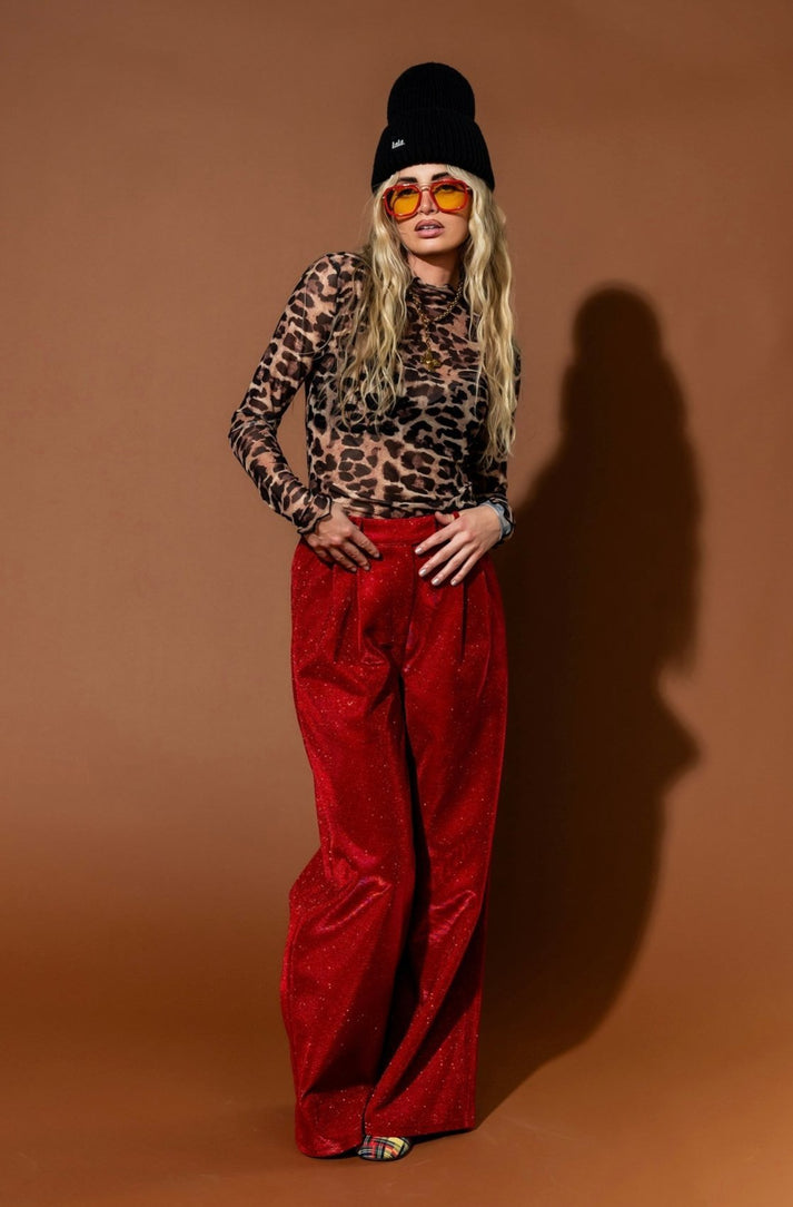 To The Disco Sparkle Wide Leg Trousers in Ruby Red – Dressed in Lala
