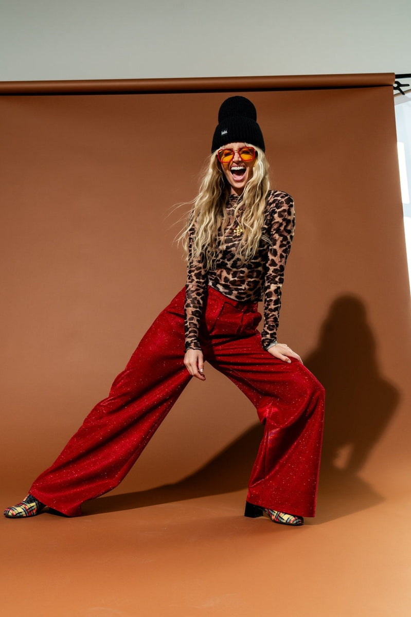 To The Disco Sparkle Wide Leg Trousers in Ruby Red – Dressed in Lala