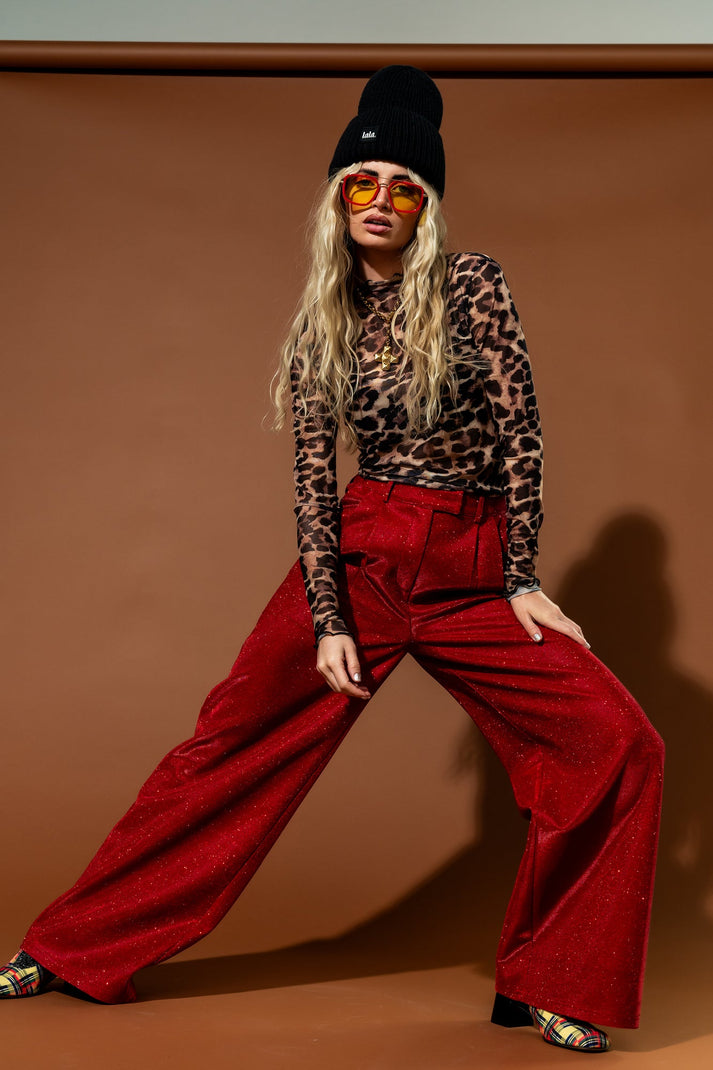 To The Disco Sparkle Wide Leg Trousers in Ruby Red – Dressed in Lala