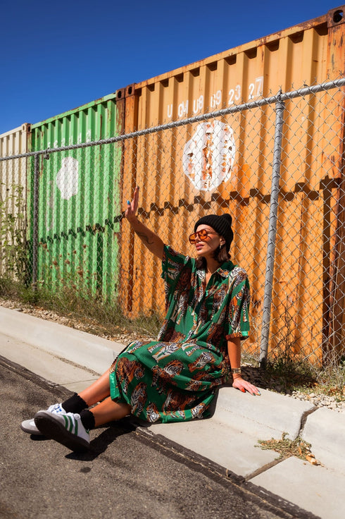 LALA ORIGINAL: So Far So Good Oversized Plissé Dress in Tiger Tales ...