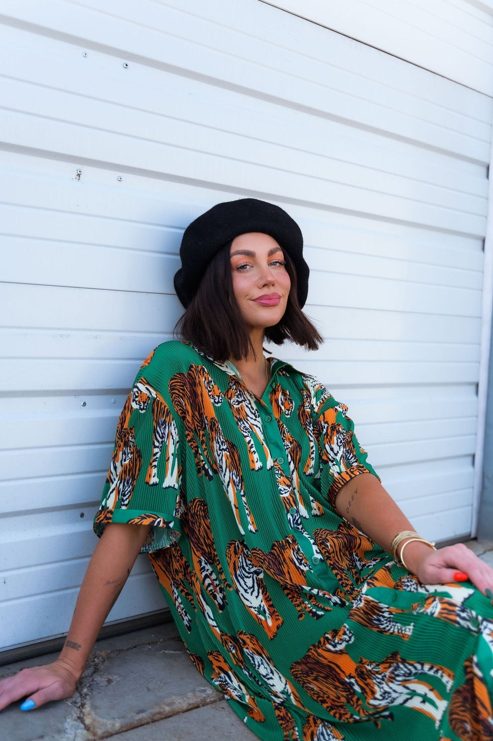 Oversized Plisse Shirt Dress in Green Tiger Tales Print -Lala Original ...