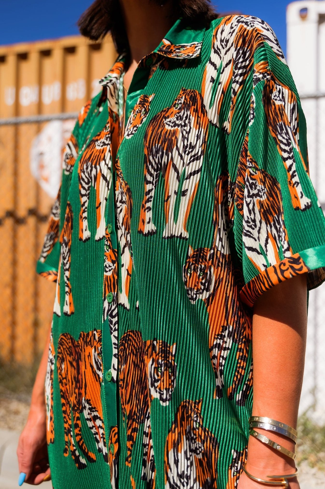 Oversized Plisse Shirt Dress in Green Tiger Tales Print -Lala Original ...