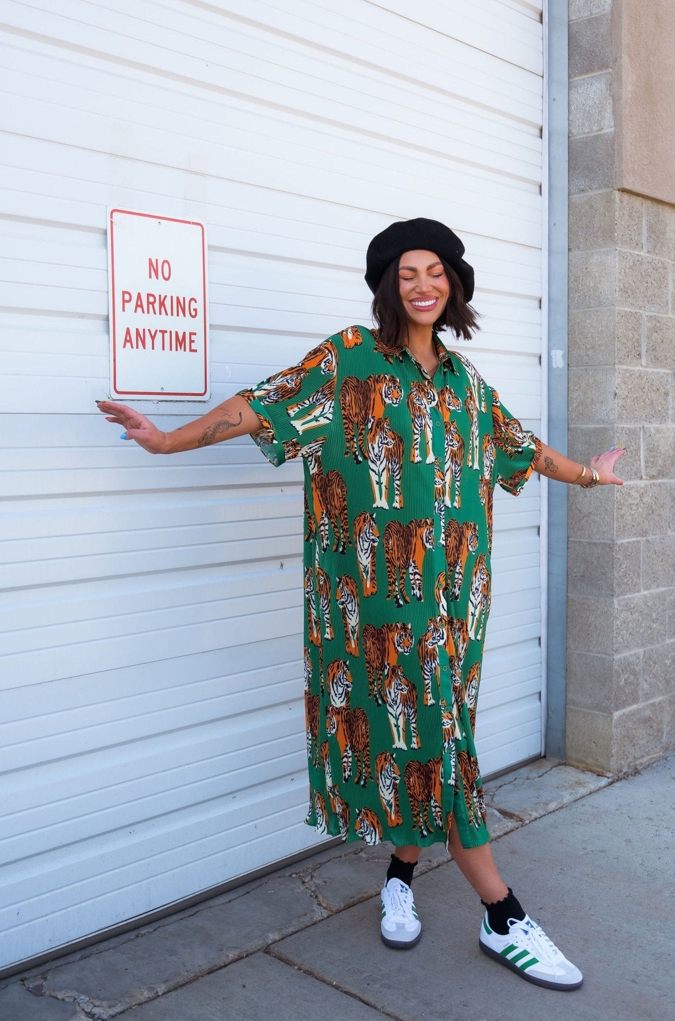 Oversized Plisse Shirt Dress in Green Tiger Tales Print -Lala Original ...
