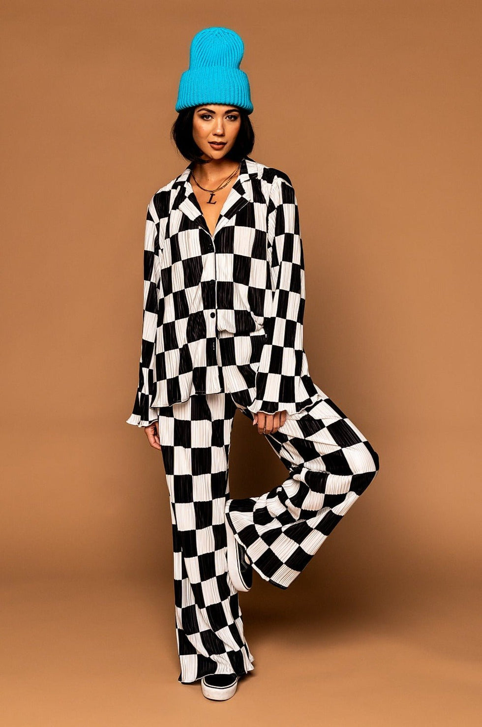 LALA ORIGINAL: Long Sleeve Plissé Set in Checkerboard – Dressed in Lala