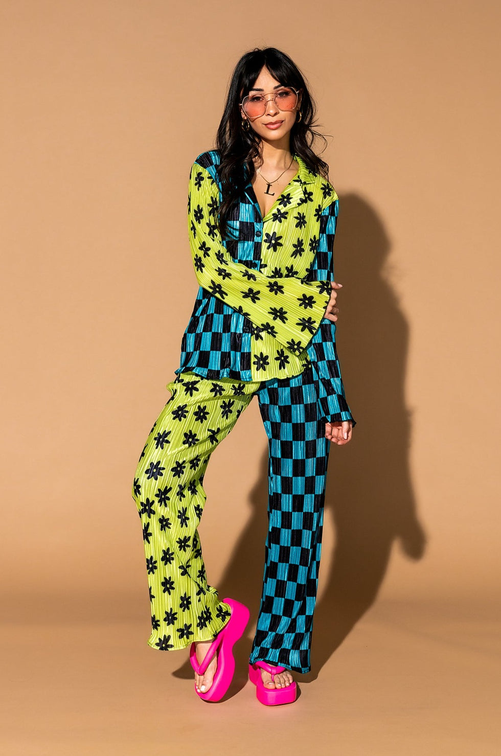 Long Sleeve Plissé Set in Retro Dream Half + Half – Dressed in Lala