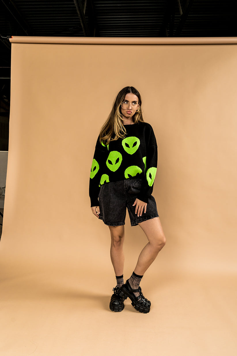Oversized Alien Knit in Black - Quirky Fashion Statement - Lala ...