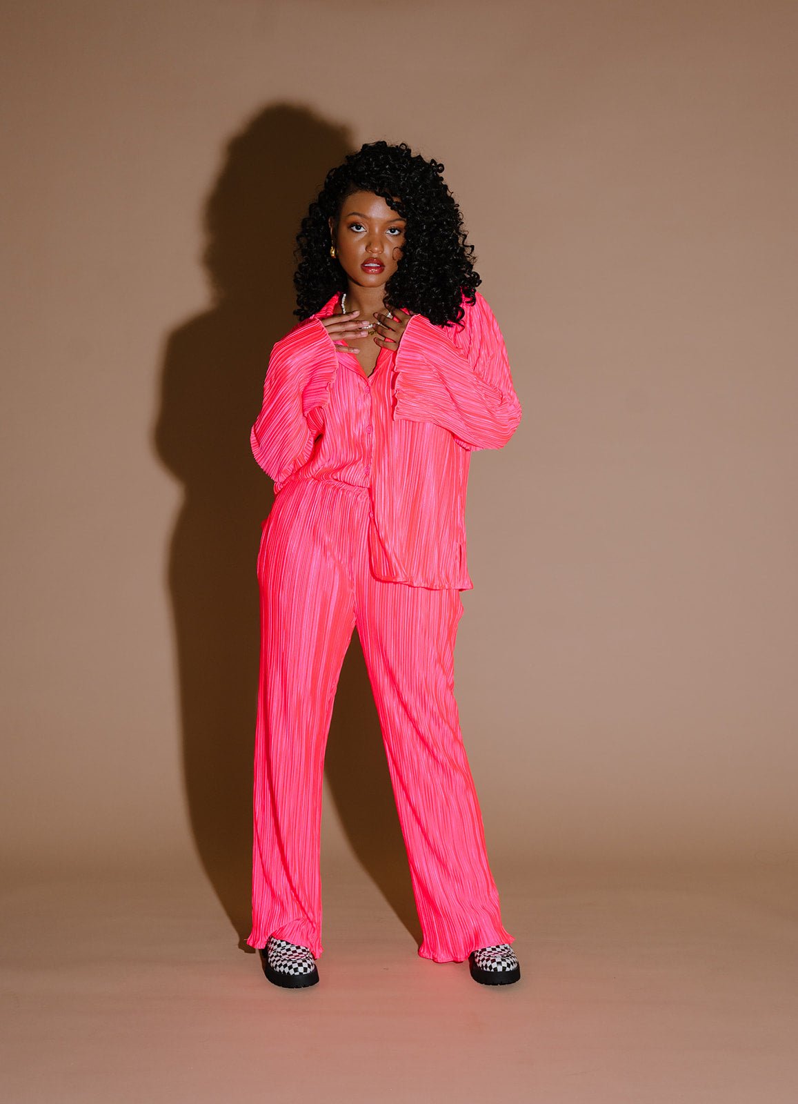 Long Sleeve Plissé Set in Electric Pink – Dressed in Lala