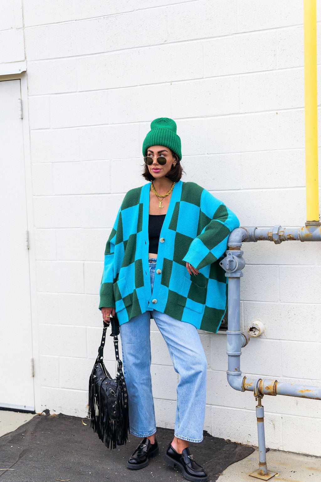 Emerald + Sky Oversized Checkerboard Cardigan - Dressed in Lala Original