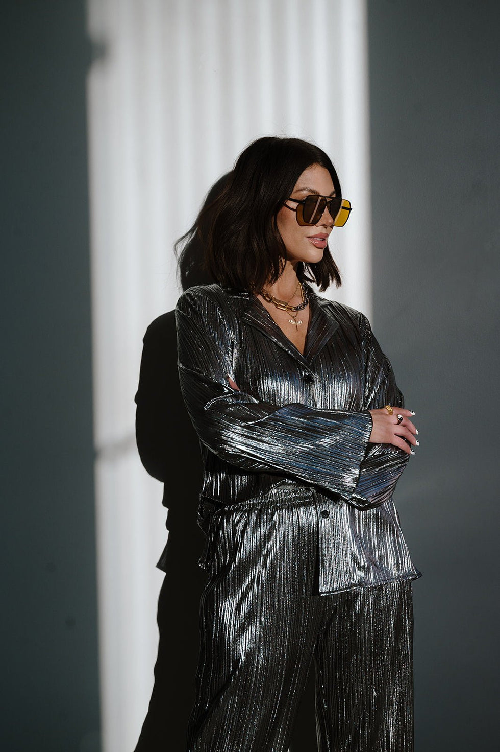 Long Sleeve Metallic Plissé Set in Gunmetal – Dressed in Lala