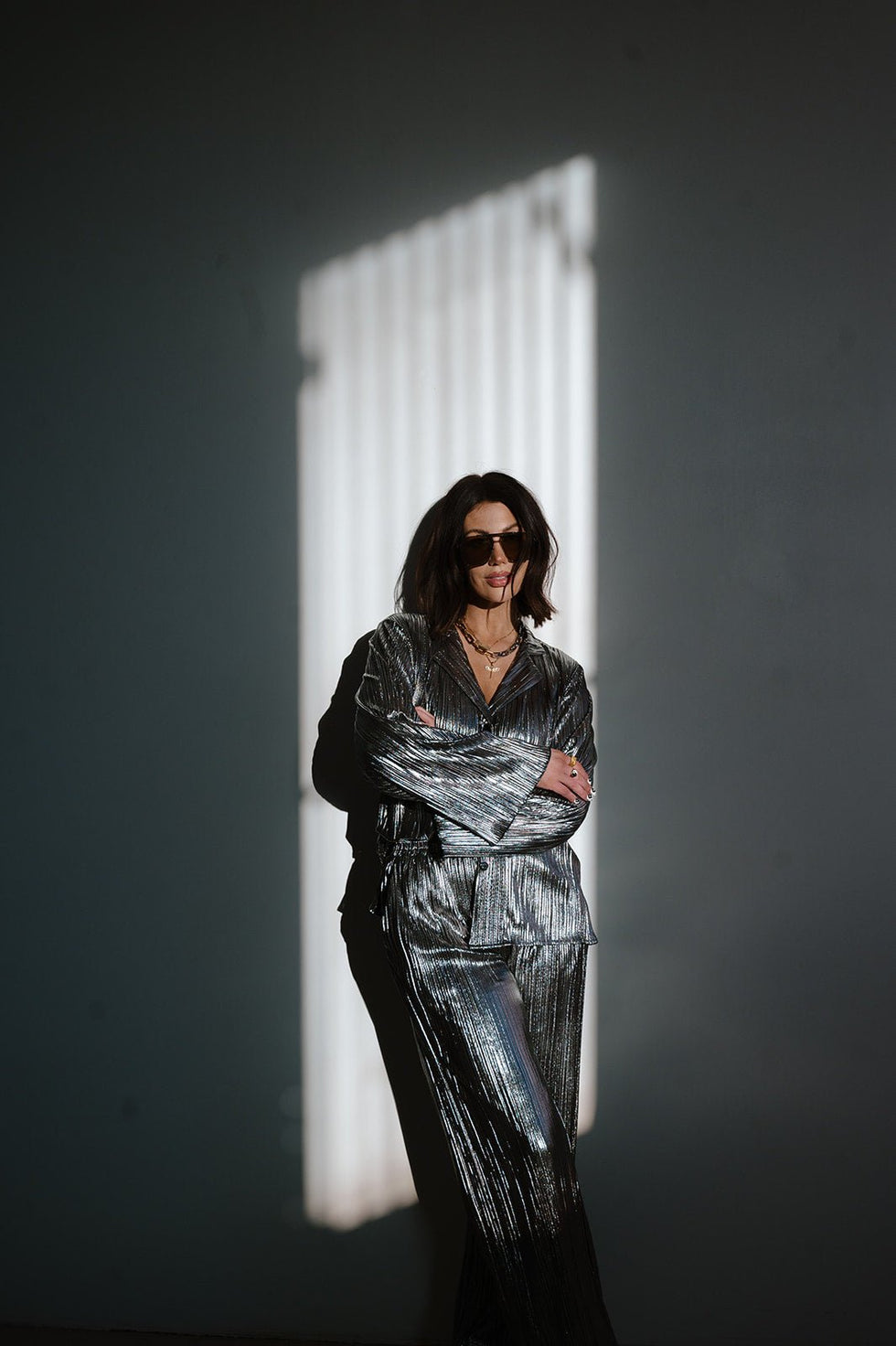 Long Sleeve Metallic Plissé Set in Gunmetal – Dressed in Lala